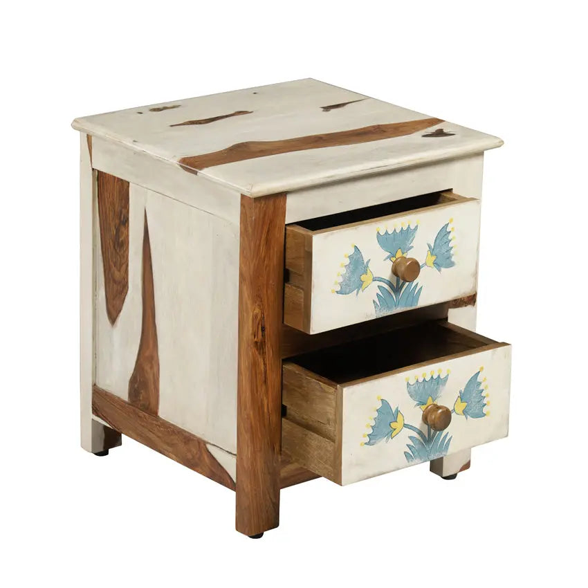 Orion Solid Sheesham Wood Bedside Table with Hand Painting | Fabuliv
